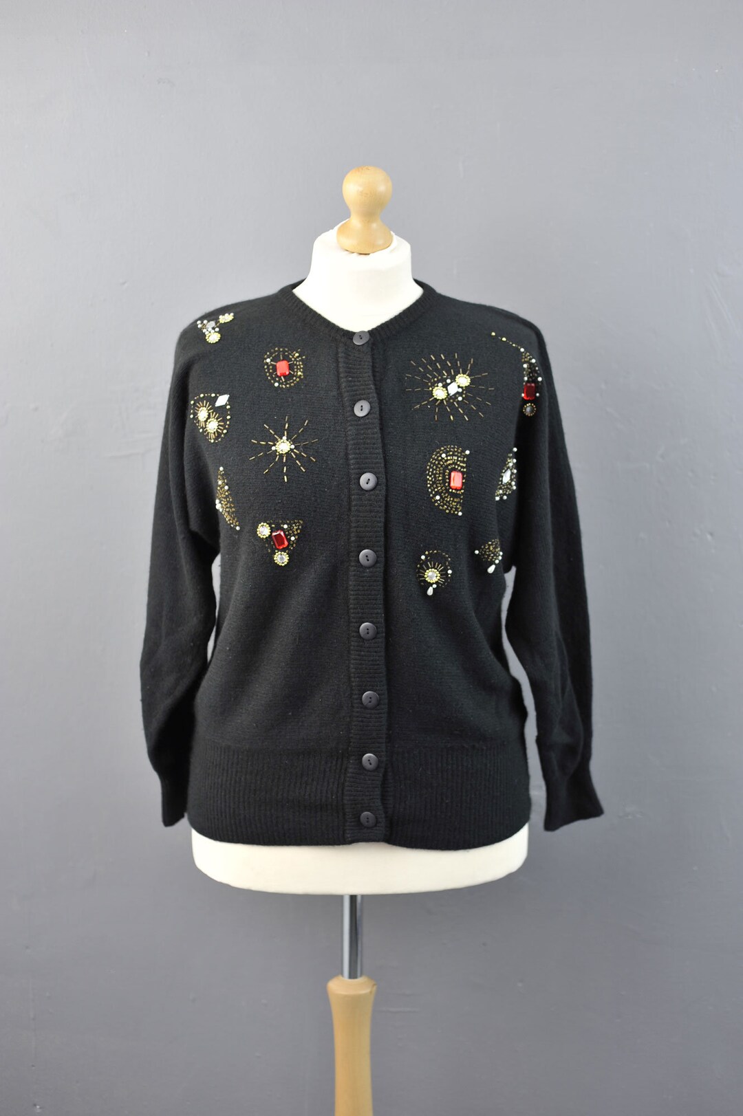 80s Beaded Angora Wool Cardigan, Vintage Kitsch Party Knitwear, Size ...