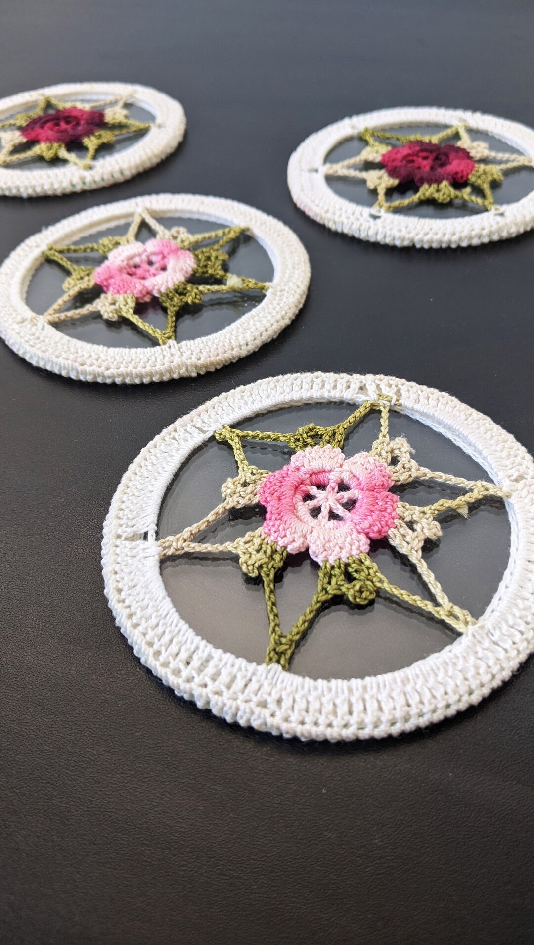 Vintage Crochet Glass Coasters, Set of Five Floral Drinks Mats - Etsy