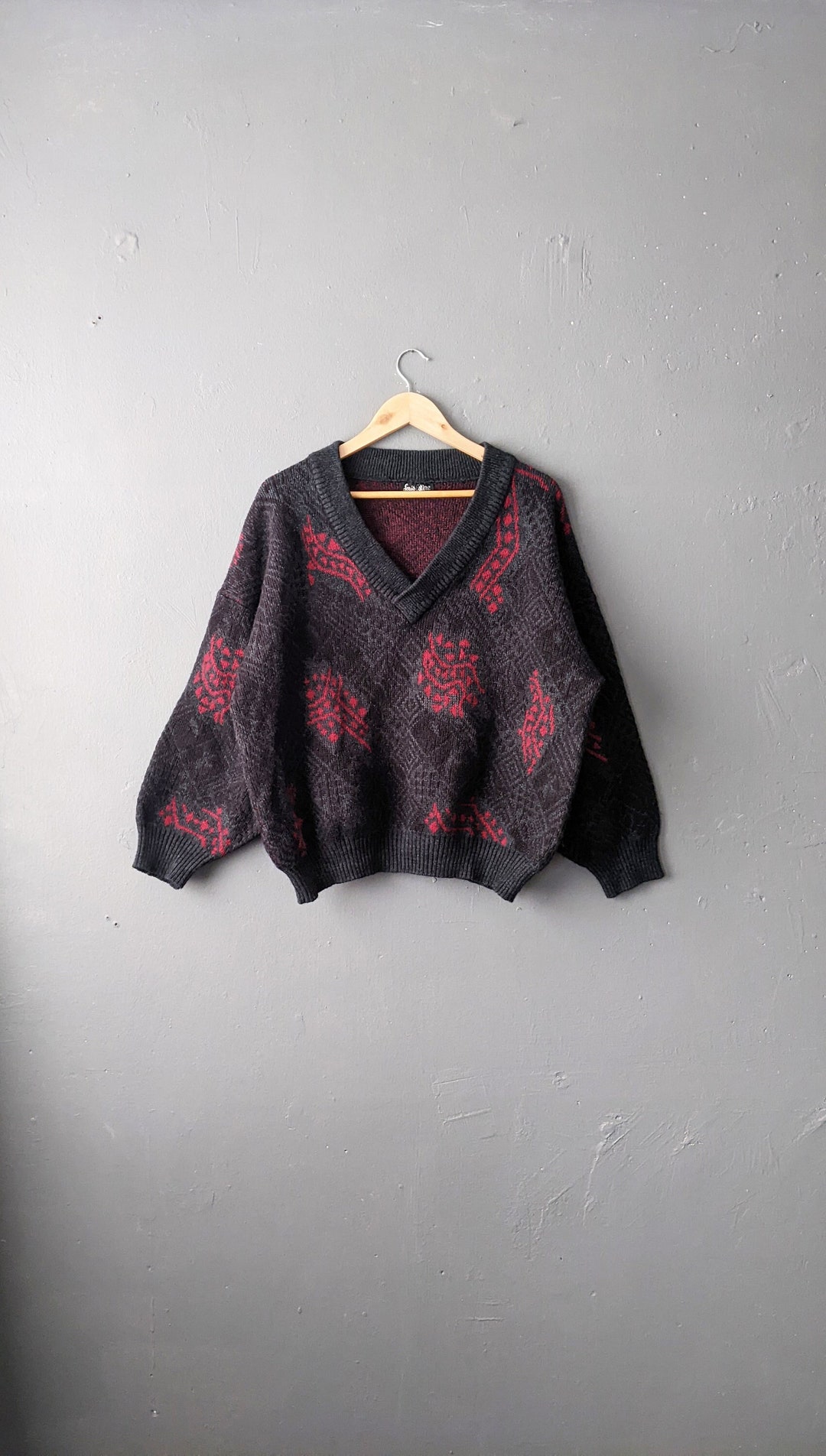 Mens 80s Deep V Neck Jumper by Louis Estere, Thick Knitted Pullover, 46 ...