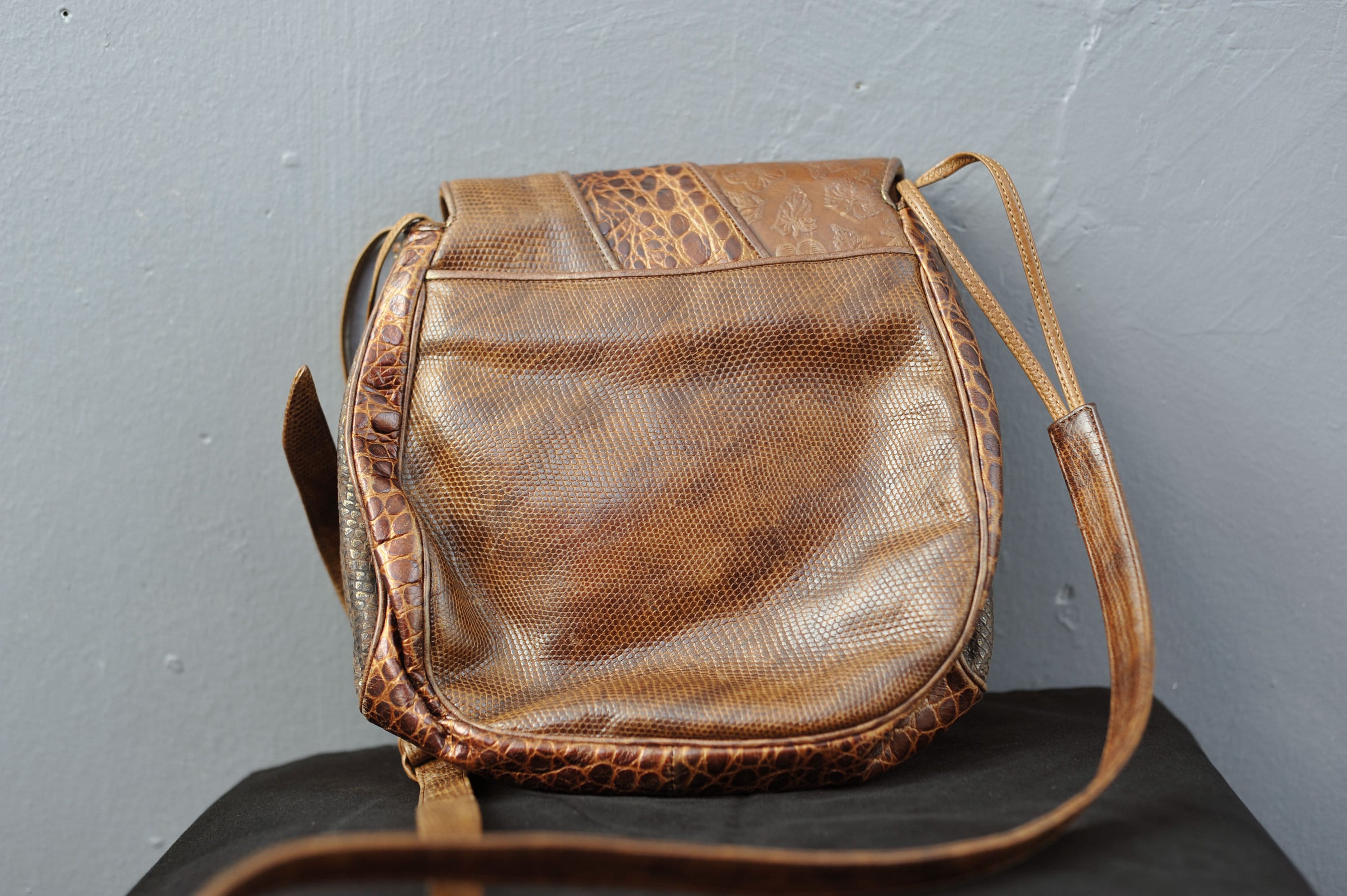 Vintage Sharif Leather Shoulder Bag, 80s Boho Designer Embossed Handbag ...