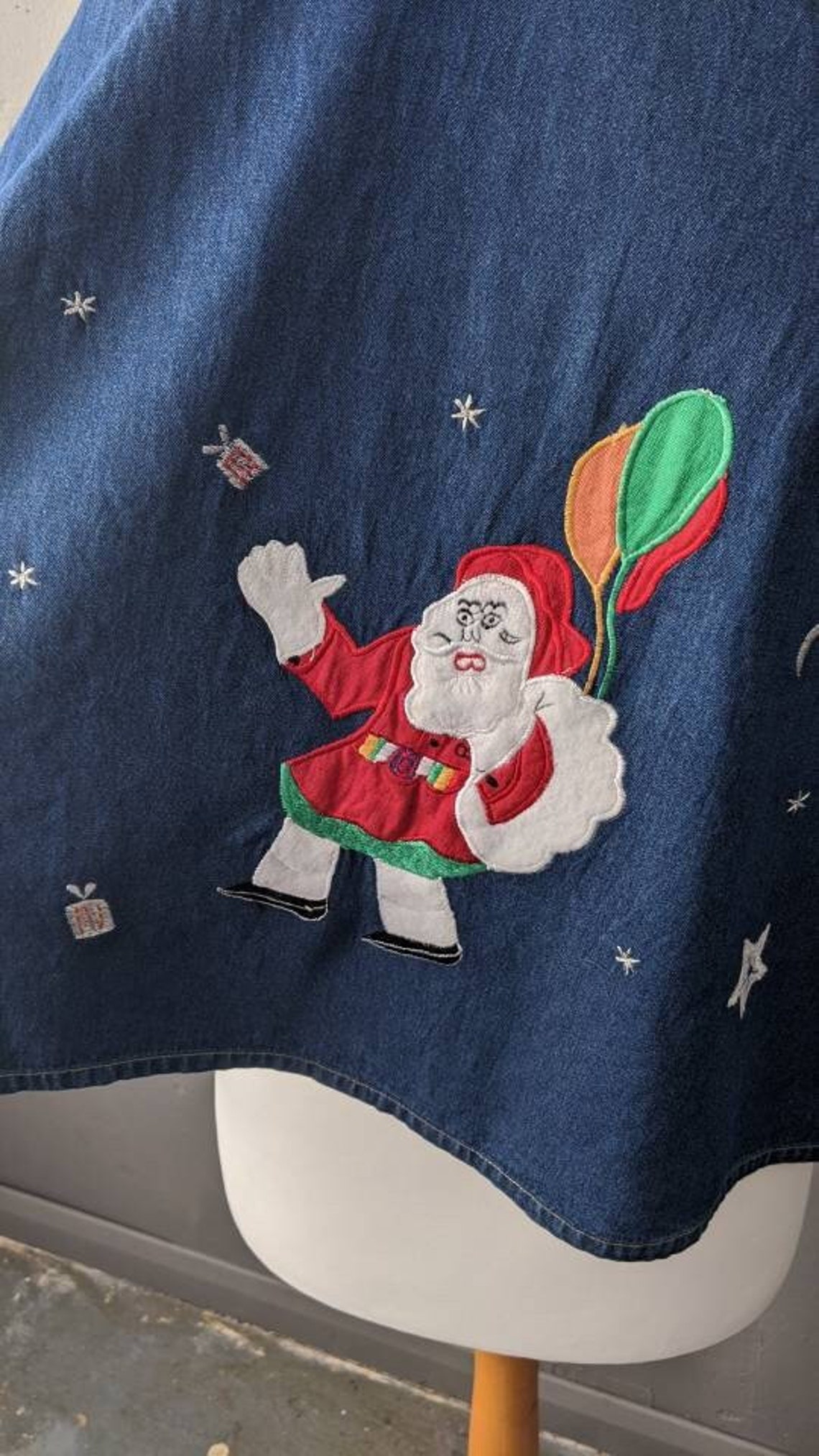 Santa Embroidered Denim Dress, 90s Christmas Clothing, Size Small ...