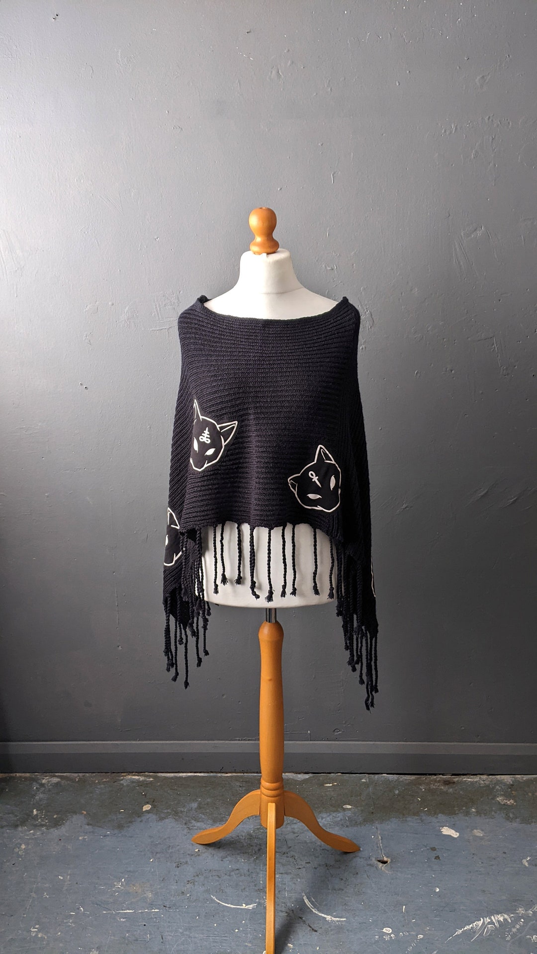 Black Cat Knit Poncho, Nu Goth Cape, Upcycled Occult Clothing - Etsy