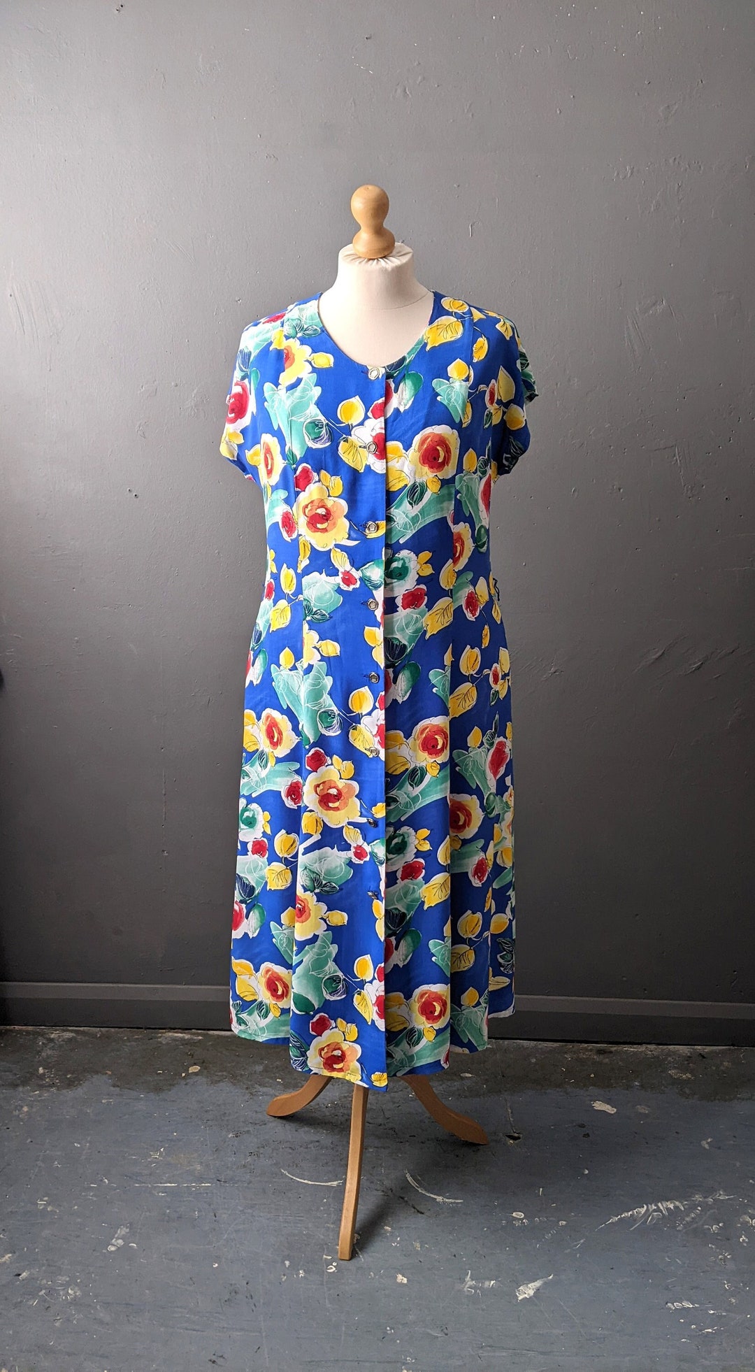 90s Viscose Sundress by Marcelle Griffon, Yellow Roses Dress, Plus Size ...
