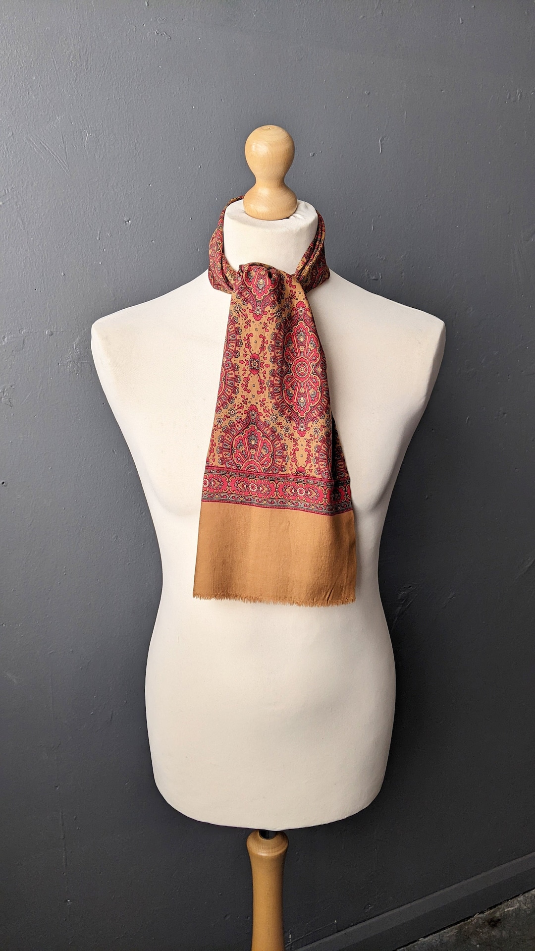 Mens Floral Arabesque Mod Scarf, 60s Bohemian Buti Silk Wool Casual ...