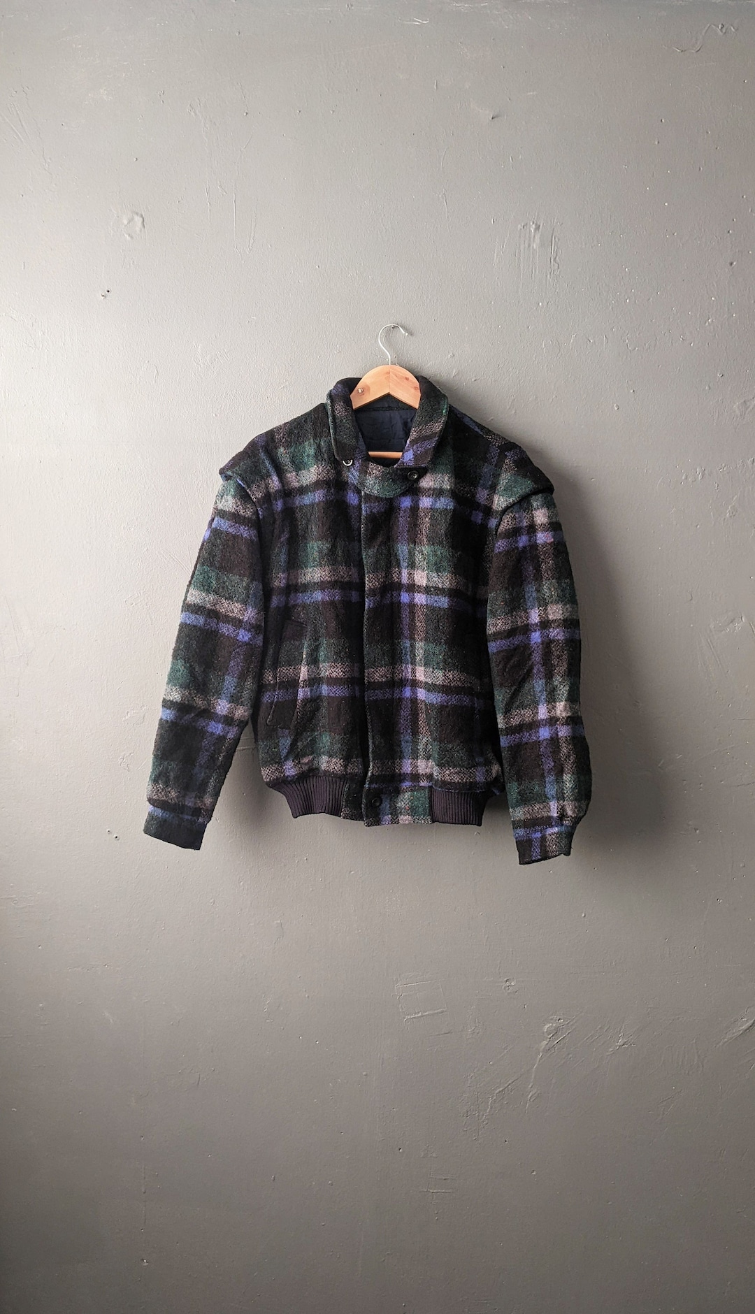 80s Tartan Wool Bomber Jacket by Melka, Plaid Check Coat, Size XL 48 ...