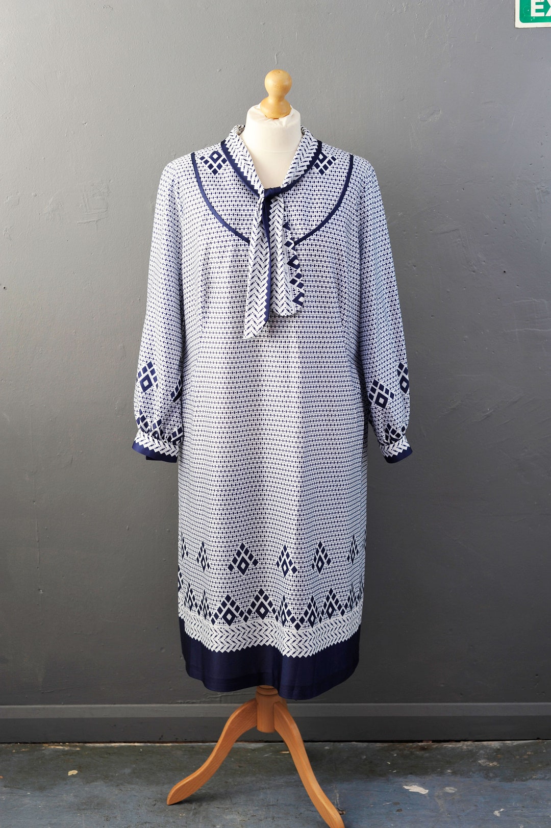 70s Plus Size House Dress With Sailor Collar, Loose Fit Nautical Style ...