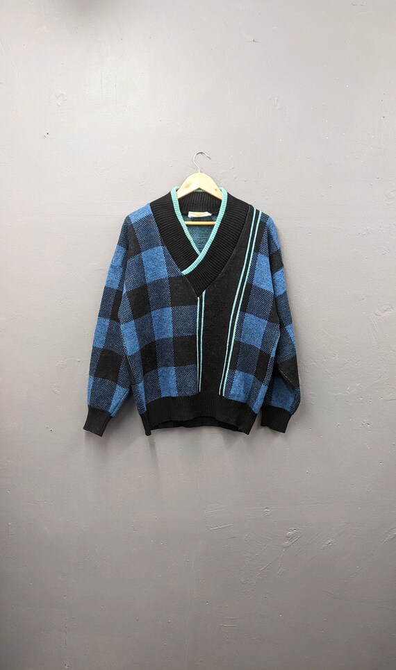 Mens 80s Check V Neck Jumper by Joey Fresco, Wool Ble… - Gem
