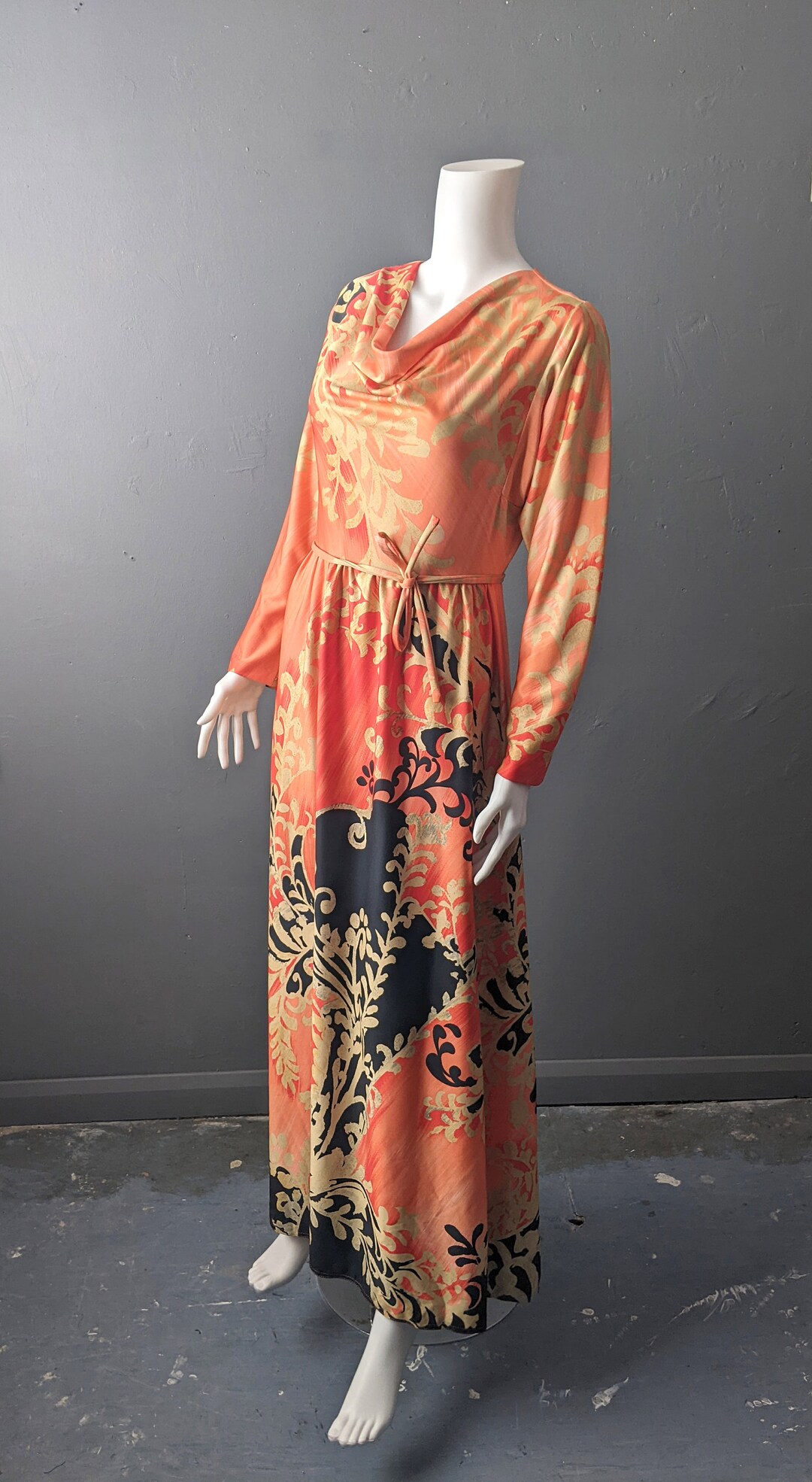 70s Cowl Neck Maxi Dress by Clive Byrne, Seventies Bohemian, Size Small ...