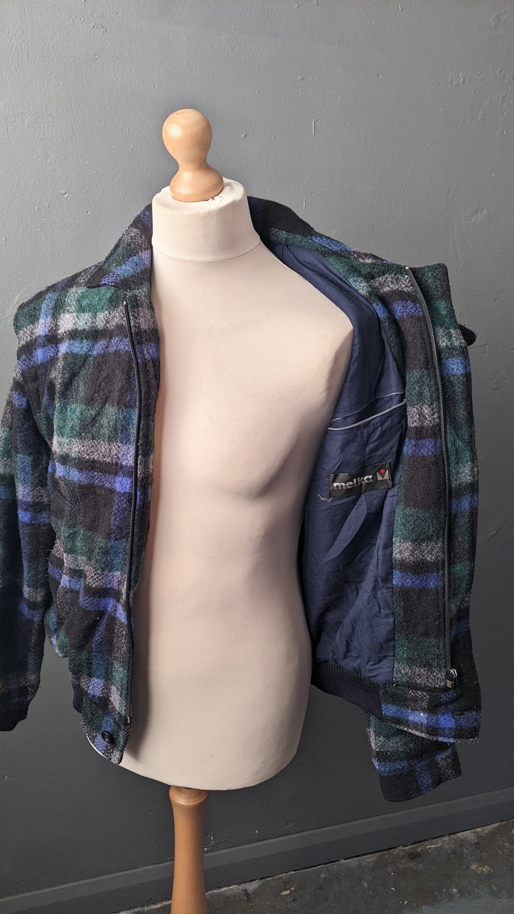 80s Tartan Wool Bomber Jacket by Melka, Plaid Check Coat, Size XL 48 ...
