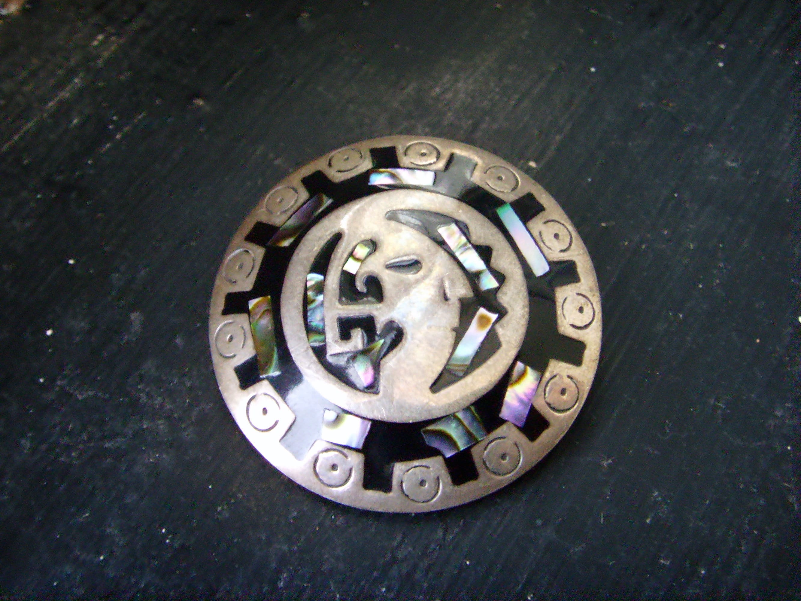 Abstract Mayan Head Shield Brooch Pendant, Mexican Sterling Silver and ...