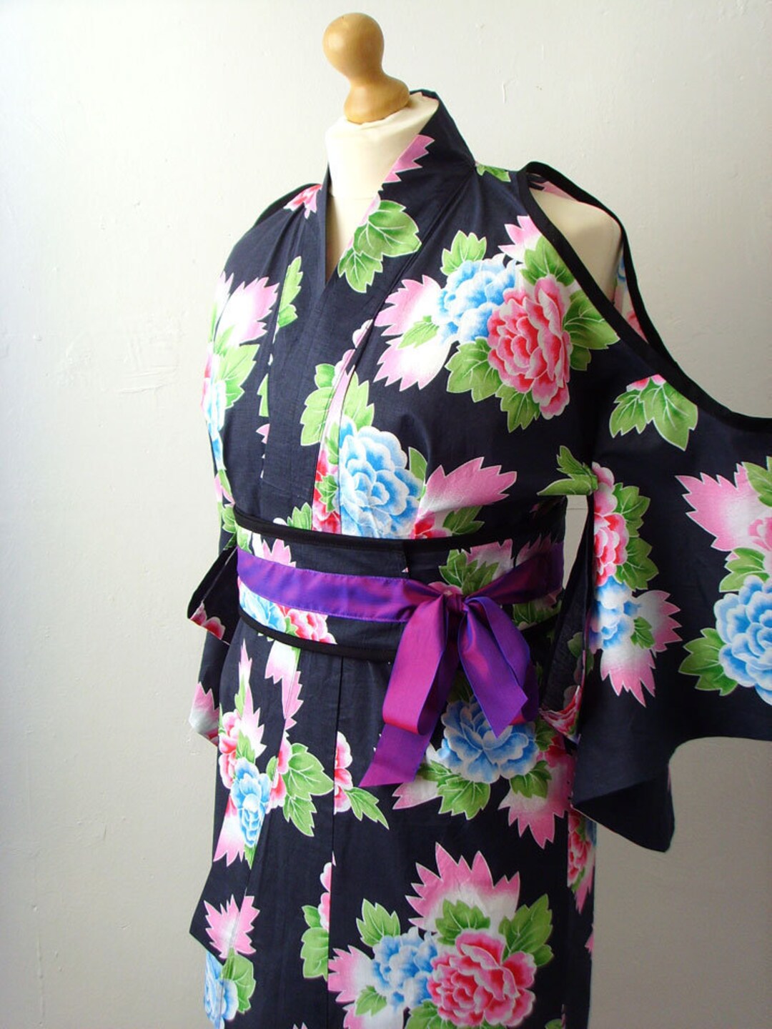 Vintage Reworked Kimono Jacket: Peony Print, Cold Shoulder, Obi Belt - Etsy