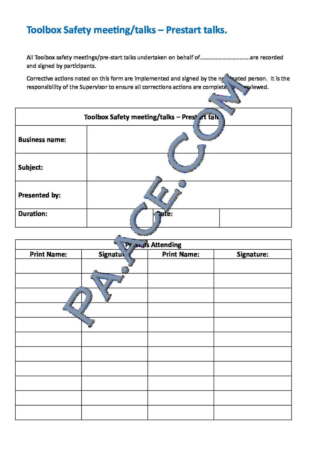 Toolbox Talk Registration Form, Toolbox Talks, Sign off Form - Etsy