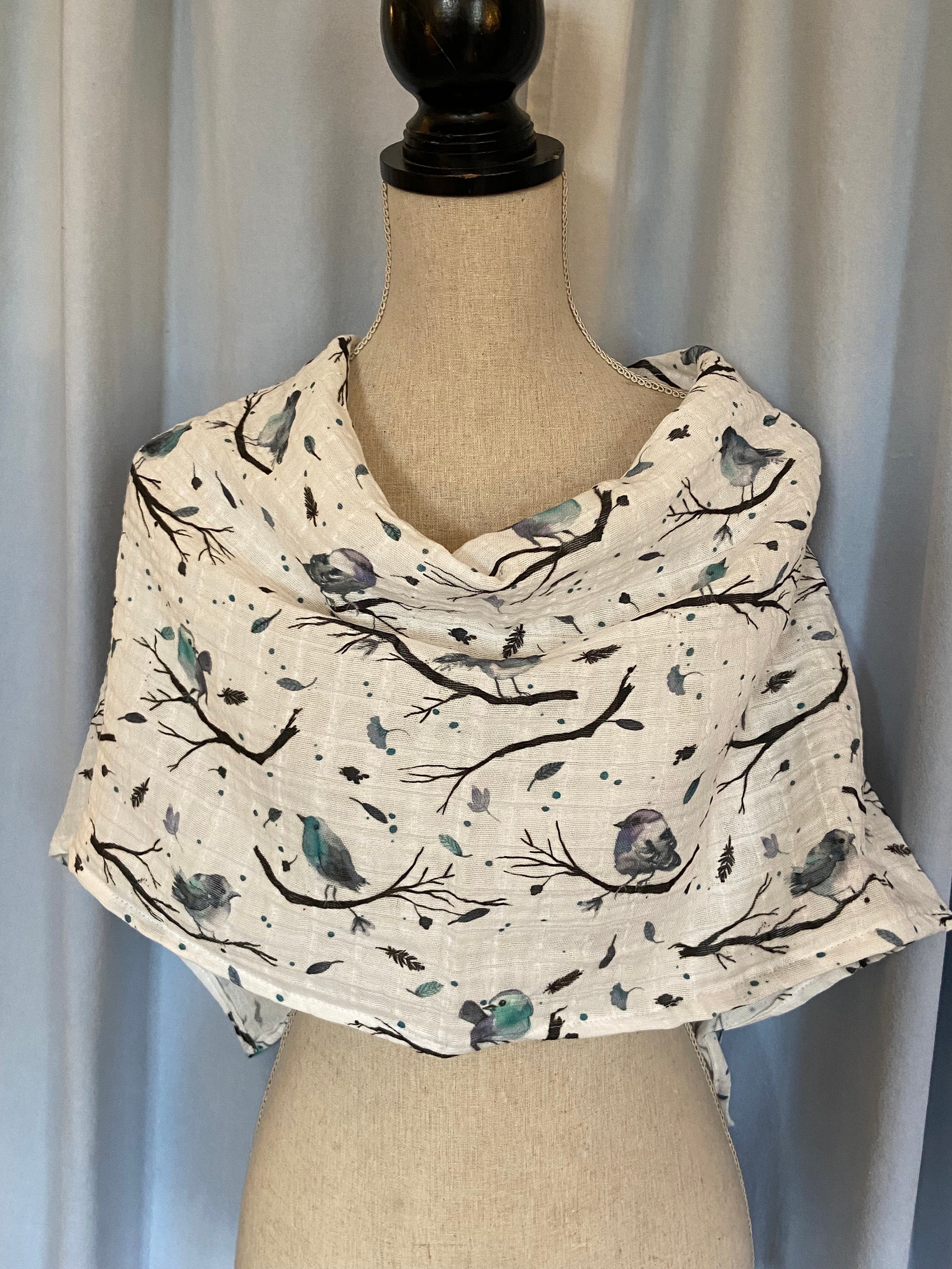 Nursing Shawl Bird Print Wrap Baby Shower Gift Blue Print Organic ...