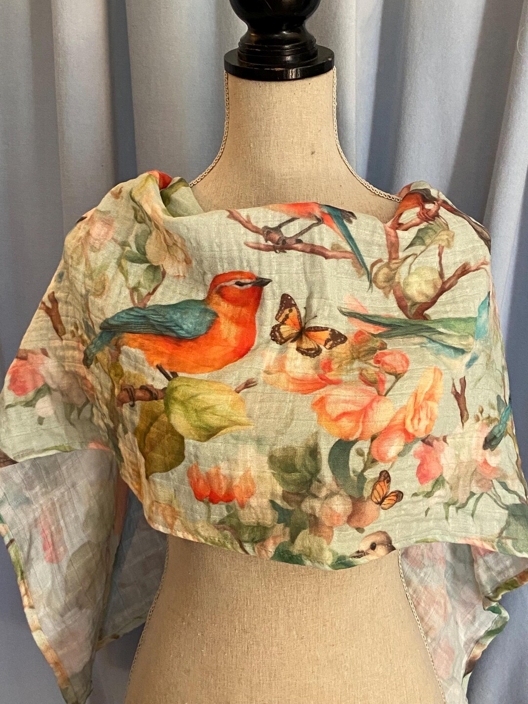 Bird Shawl Green Bird Print Wrap for Birder Scarf Green Print Organic ...