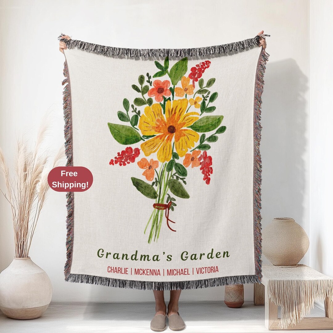 PERSONALIZED Grandma Woven Blanket, Custom Floral Family Name Throw ...