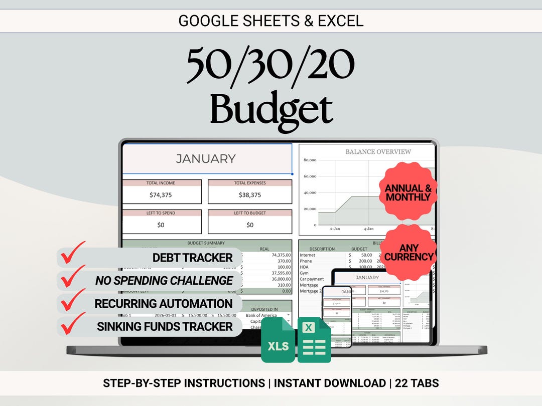 50 30 20 Budget Spreadsheet | Budget by Paycheck Planner | Excel Google ...