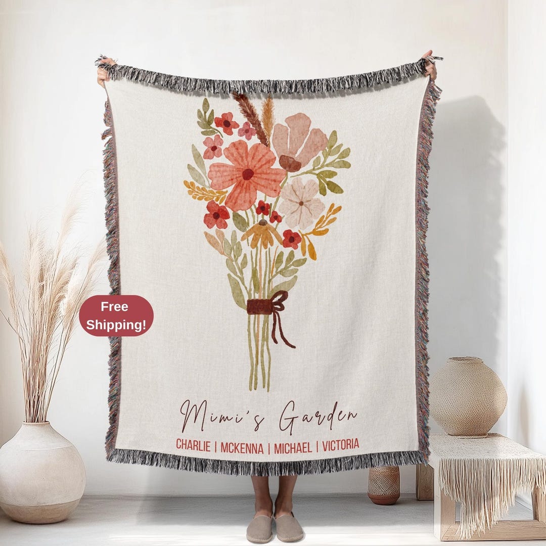 PERSONALIZED Mimi Woven Blanket, Custom Floral Family Name Throw, Mimi ...