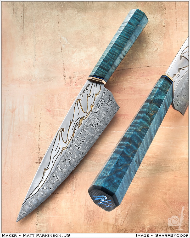 The Wave Pictorial Mosaic Chef Knife Stabilized Maple Handle Hand Made ...
