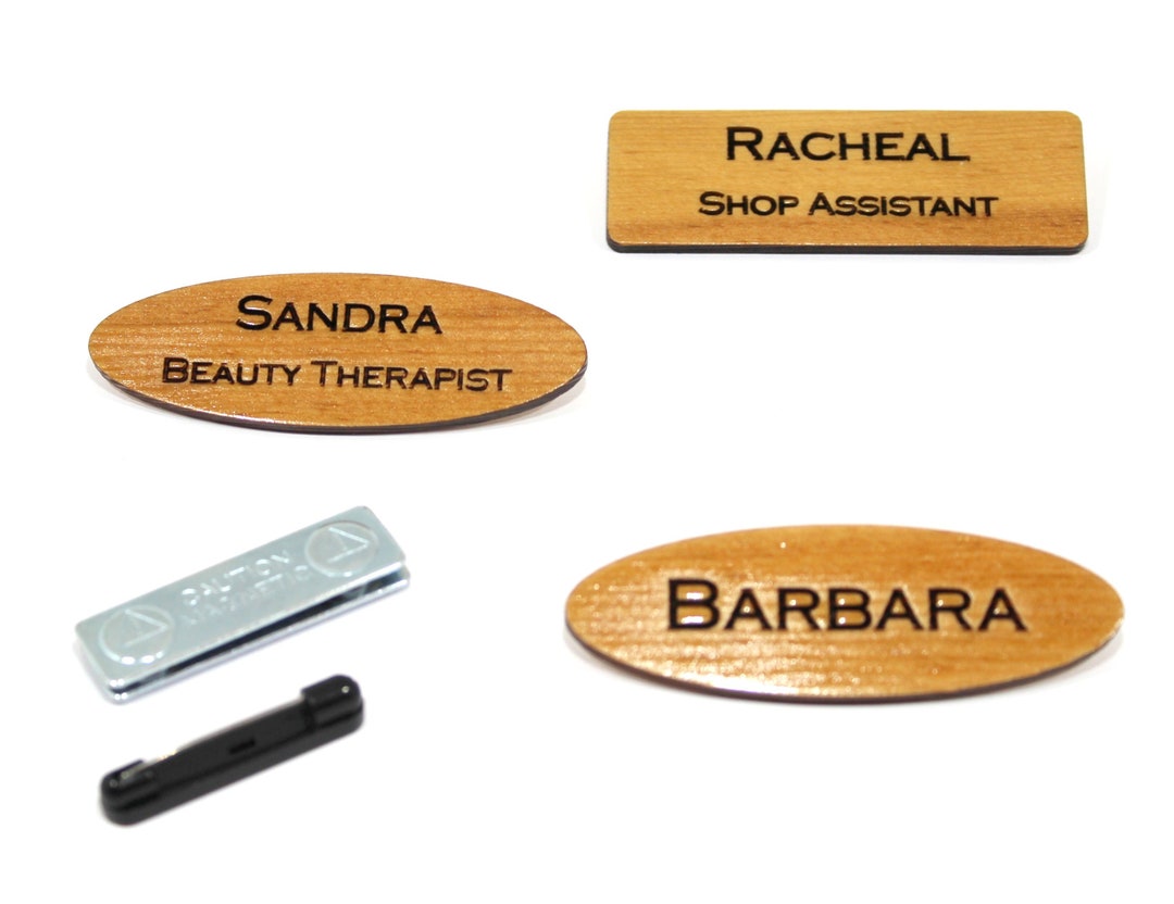 Personalised Wooden Name Badges Varnished Solid Wood With Choice of Pin ...