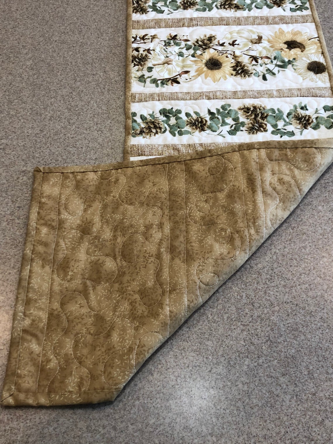 Table Runner, Quilted, Handmade - Fall Flowers, Pinecones, White ...