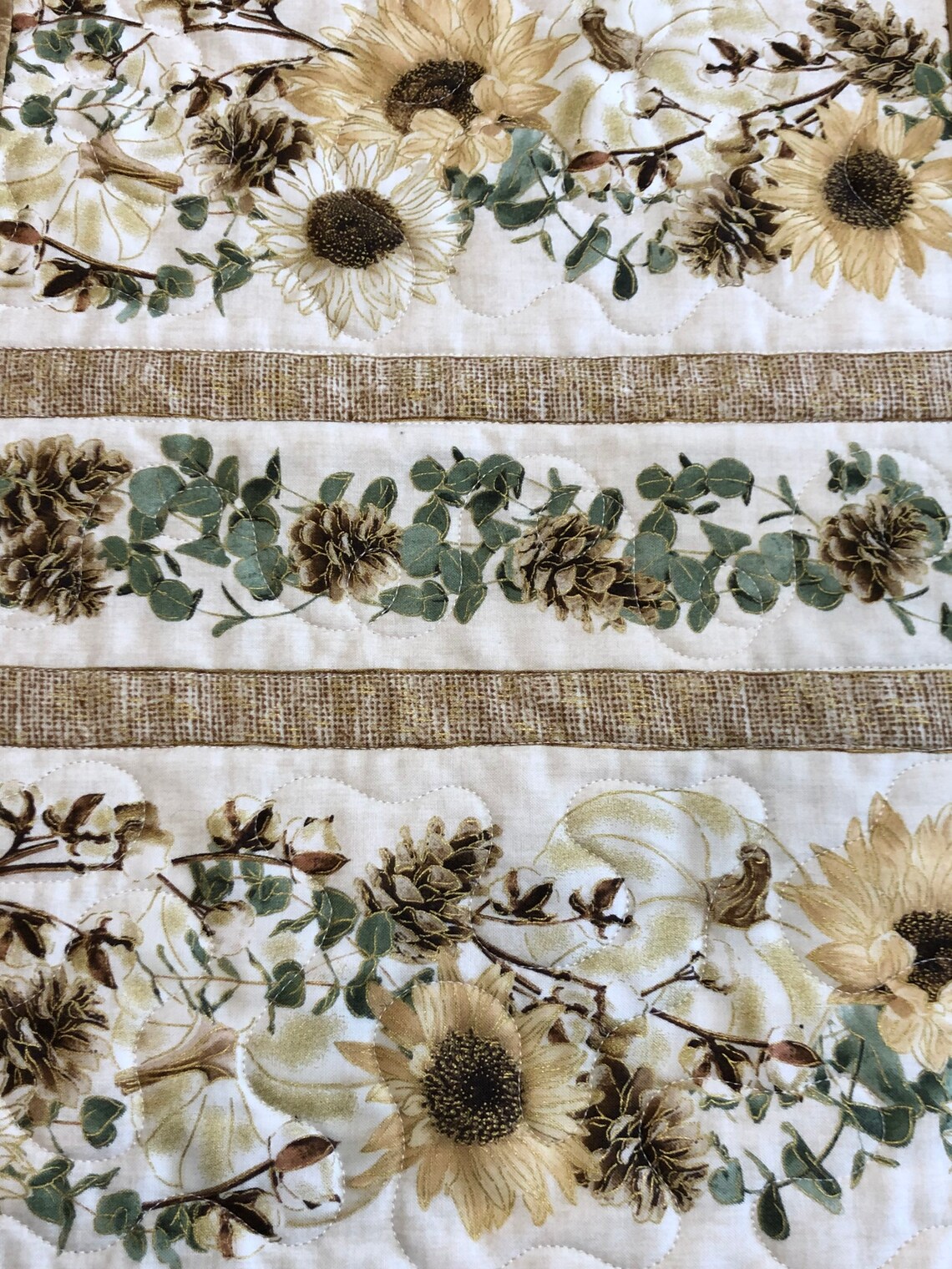 Table Runner, Quilted, Handmade - Fall Flowers, Pinecones, White ...