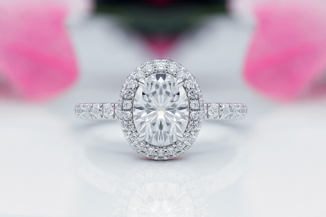 Oval Moissanite Engagement Ring, Double Edge Diamond Halo Ring, Micro ...