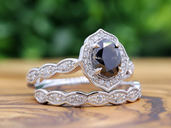 Black Diamond Vintage Floral Diamant Verlobungsring Set passenden Ehering in 14 Karat WeiBgold ovale schwarze Diamant Ring Ring Versprechen Etsy
