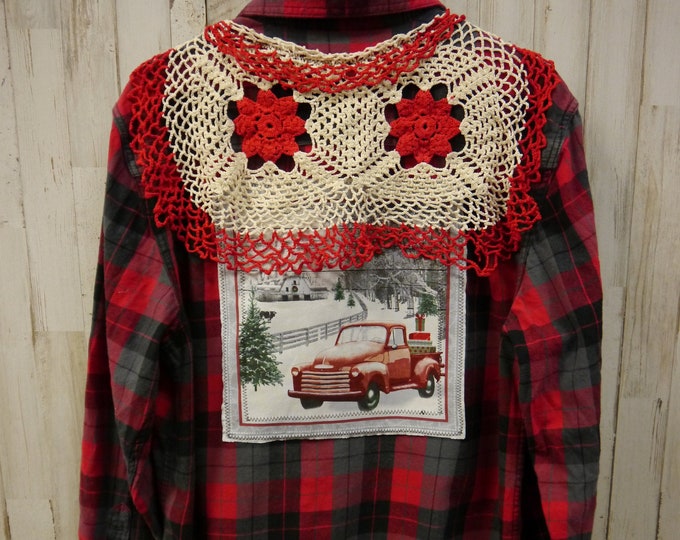 Handmade Christmas Red Farm Truck Flannel Plaid Upcycled Refashioned ...