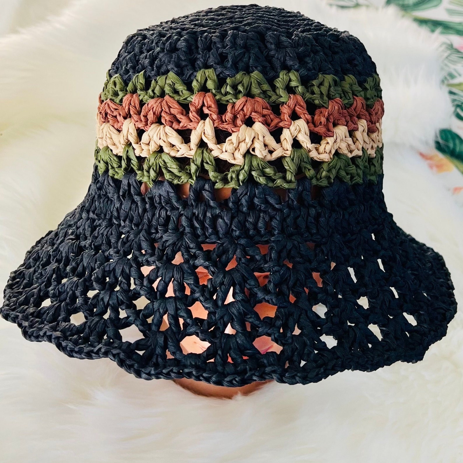 Crochet Raffia Camo Design Bucket Hat, Foldable Raffia Straw Hat ...