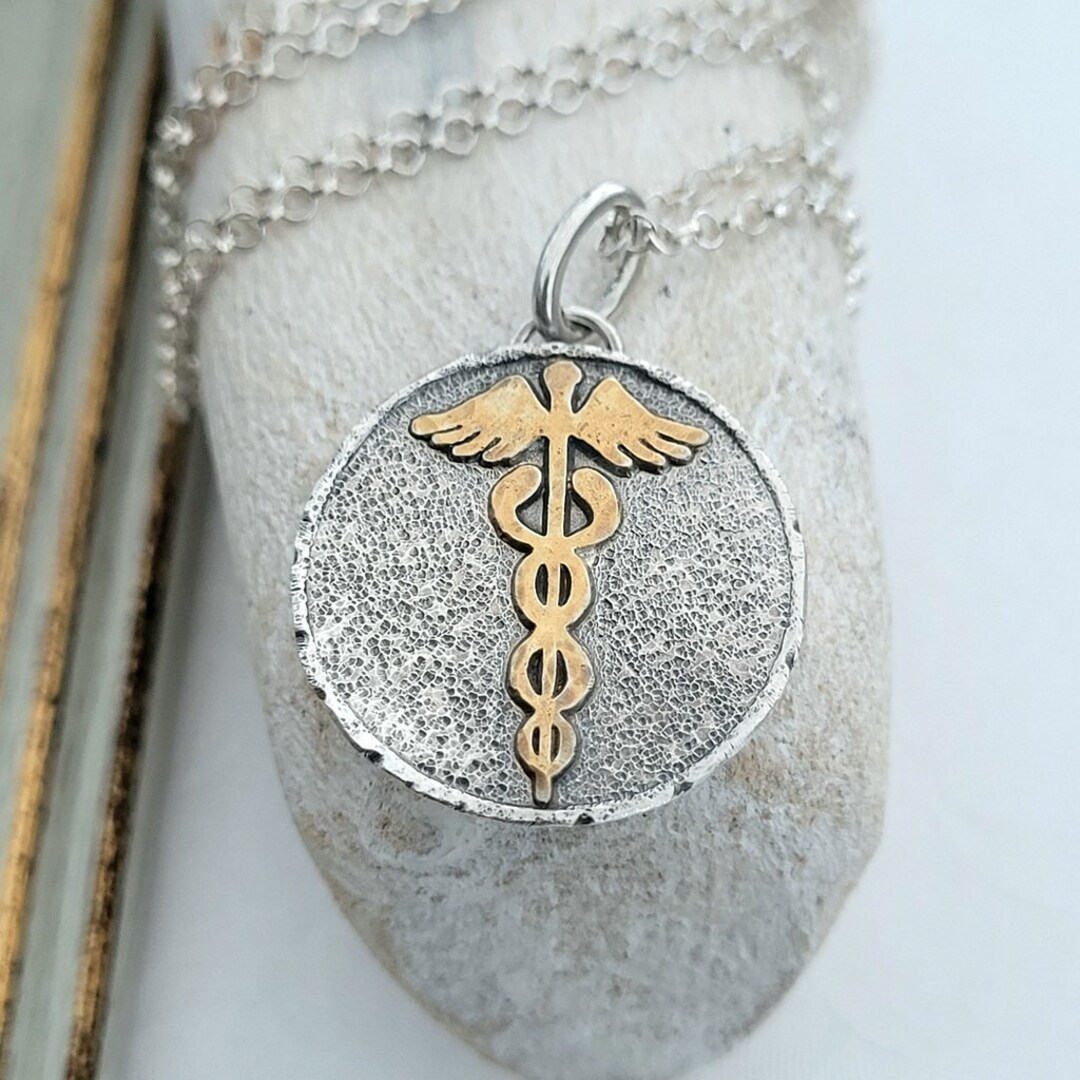 Pendant Rod of Asclepius in Rustic Style, Recycled Silver, Snake Rod ...