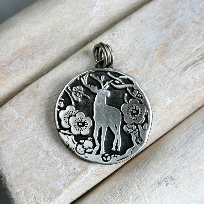 Deer amulet necklace with deer and flowers from 999fine | Etsy