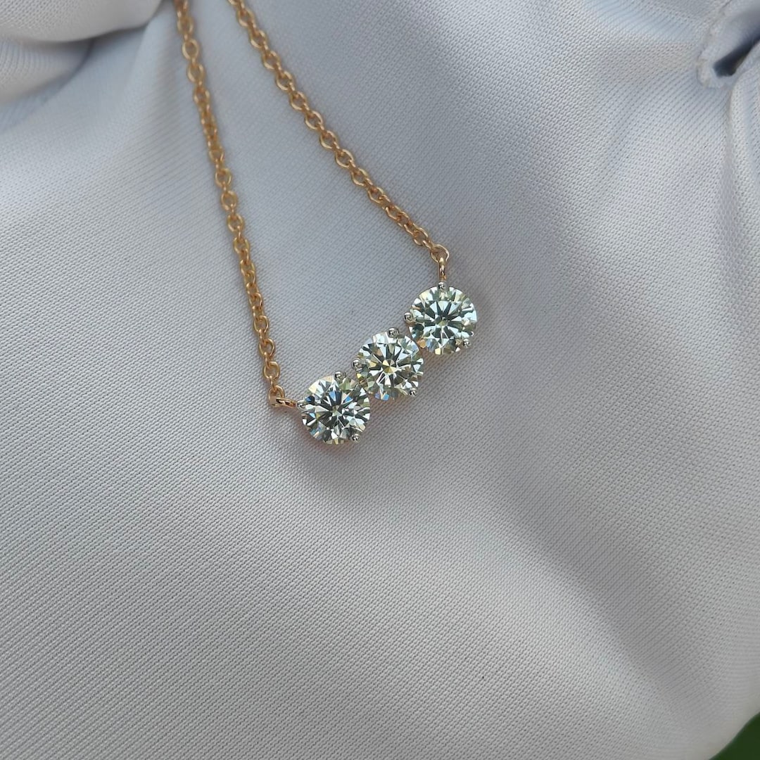 Classic Trio Diamond Necklace/ 18k Gold Diamond Necklace 1.61 Cwt./ Prong Setting 3 Stone/ Gift ...