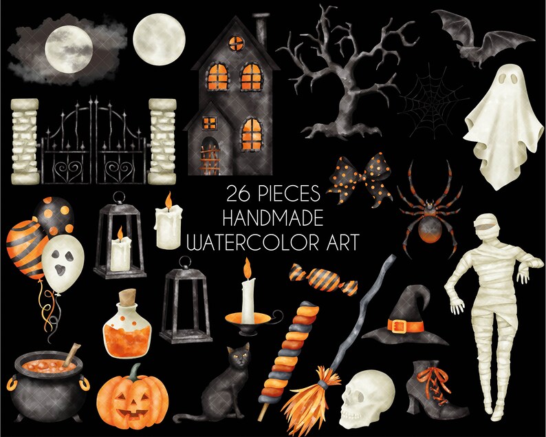 Watercolor Halloween Clipart Set Instant Download PNG - Etsy