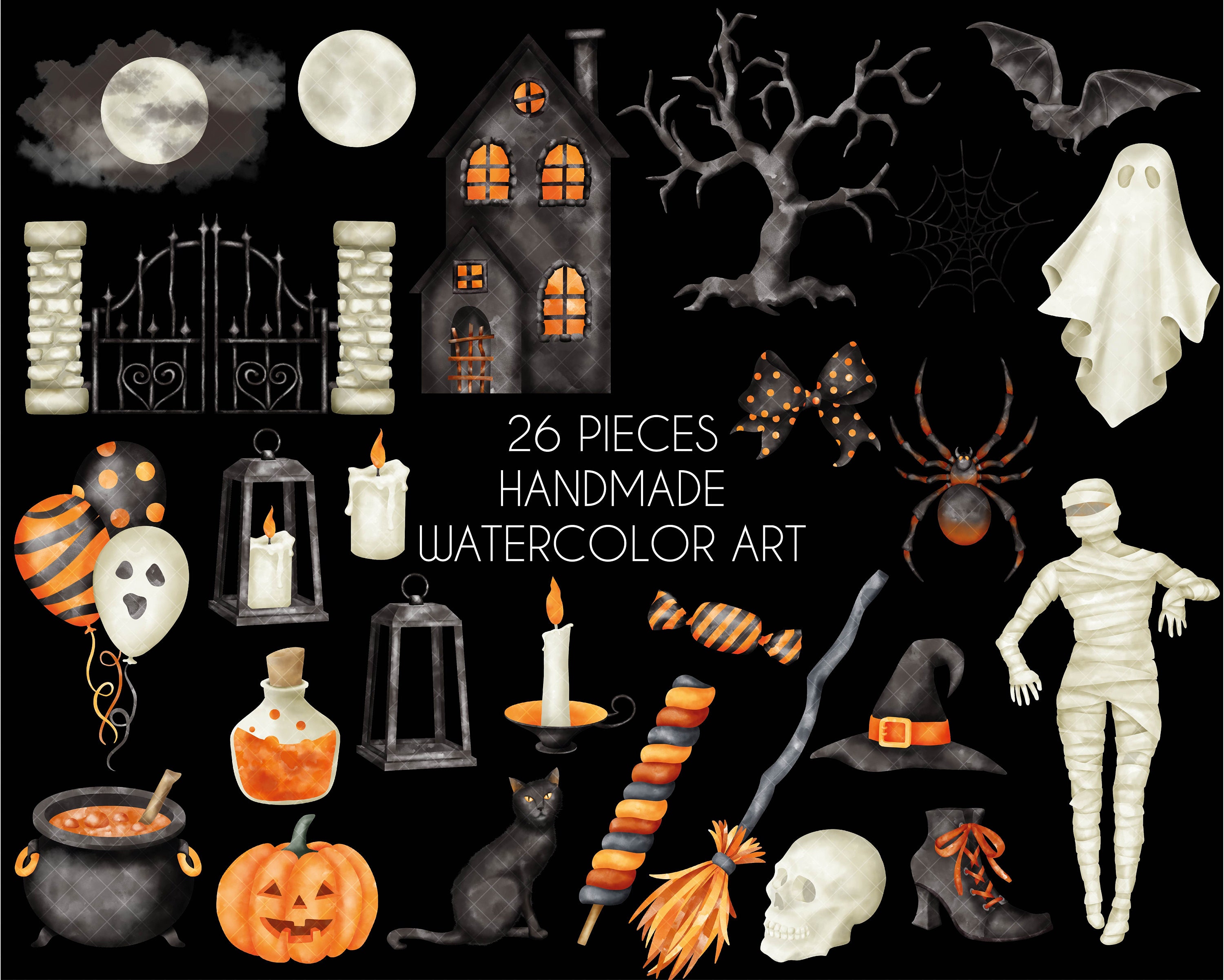Watercolor Halloween Clipart Set Instant Download PNG - Etsy