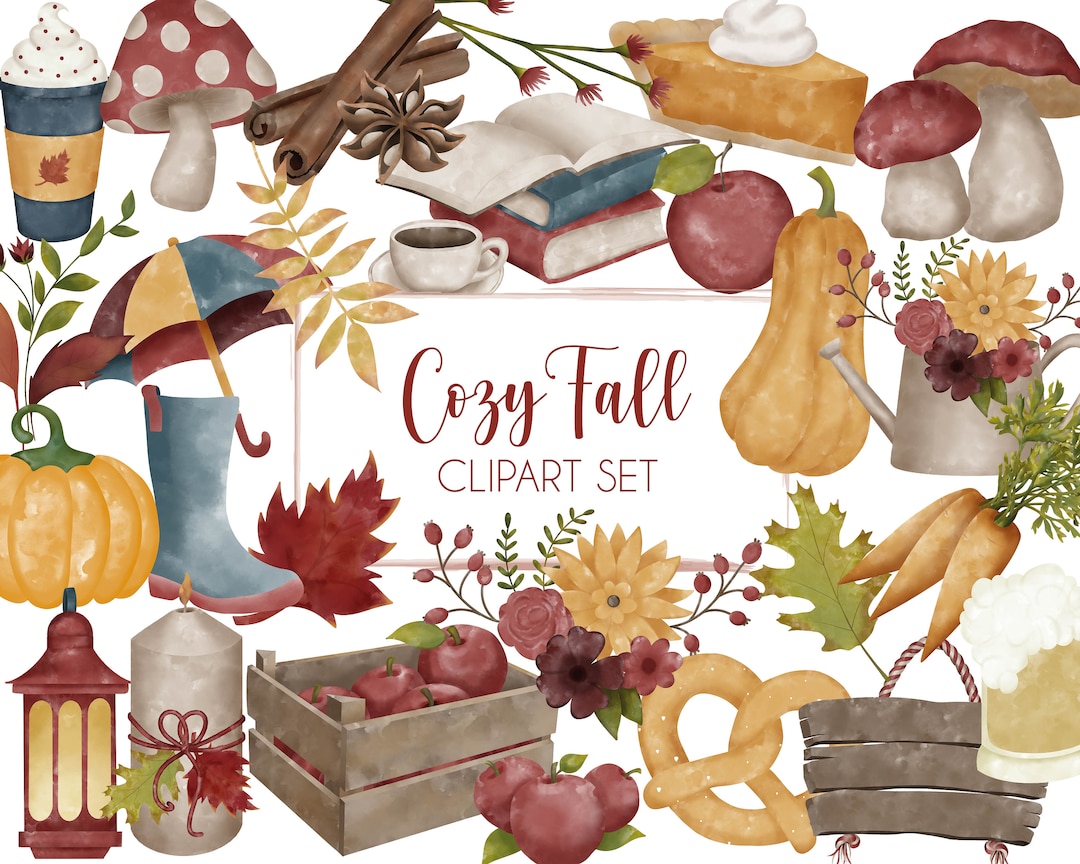 Watercolor Cozy Fall Clipart Set | Instant Download PNG | Autumn Leaves ...
