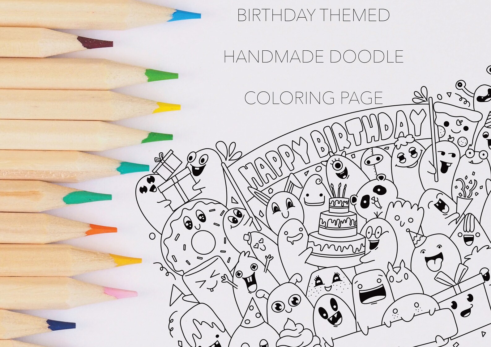 Coloring Page Doodle Happy Birthday Printable and Digital | Etsy