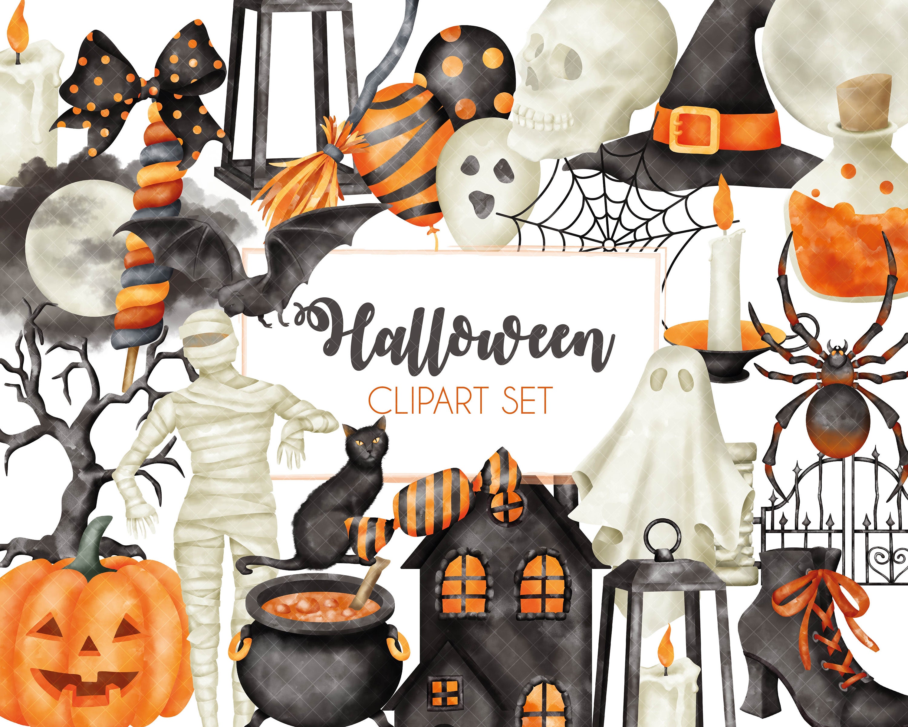 Watercolor Halloween Clipart Set Instant Download PNG - Etsy