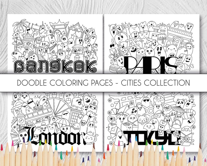 Coloring Page Doodle Cities Collection Bundle Printable and | Etsy