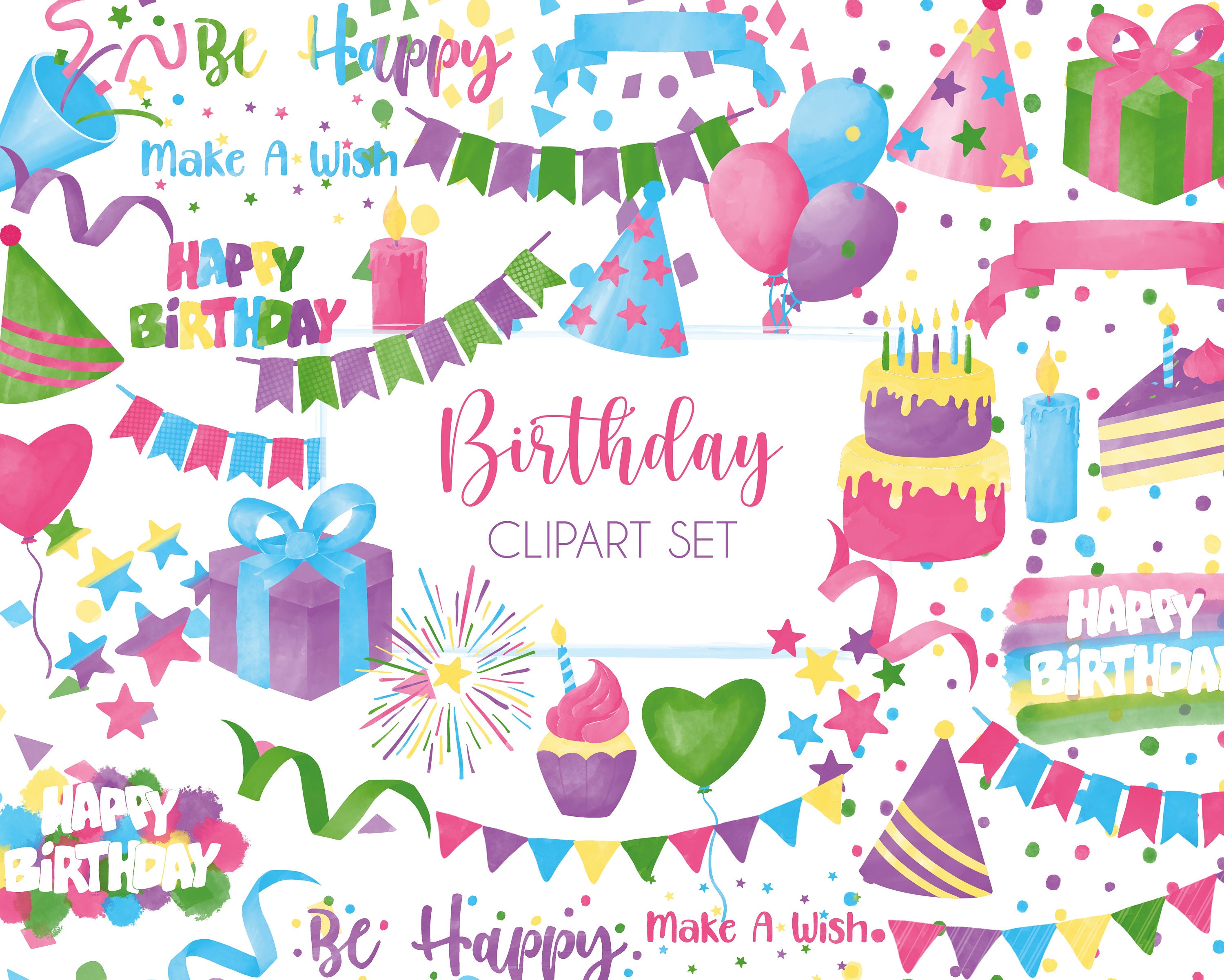 Watercolor Birthday Party Clip Art Set Instant Download PNG Cake ...