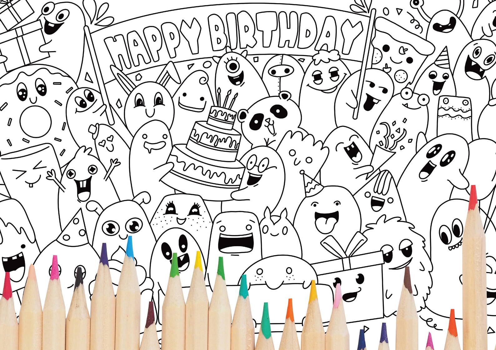 Coloring Page Doodle Happy Birthday Printable and Digital | Etsy