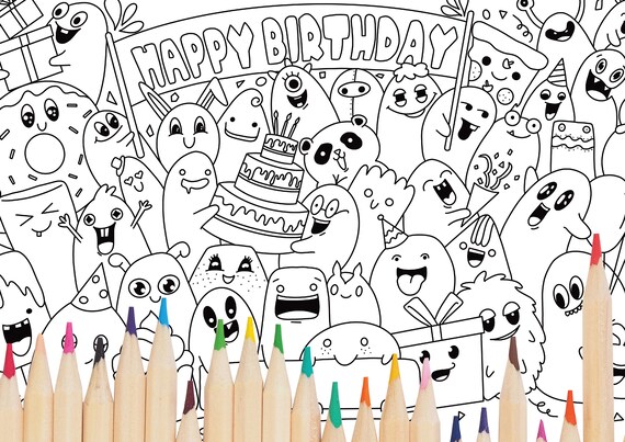 Coloring Page Doodle Happy Birthday Printable and Digital | Etsy