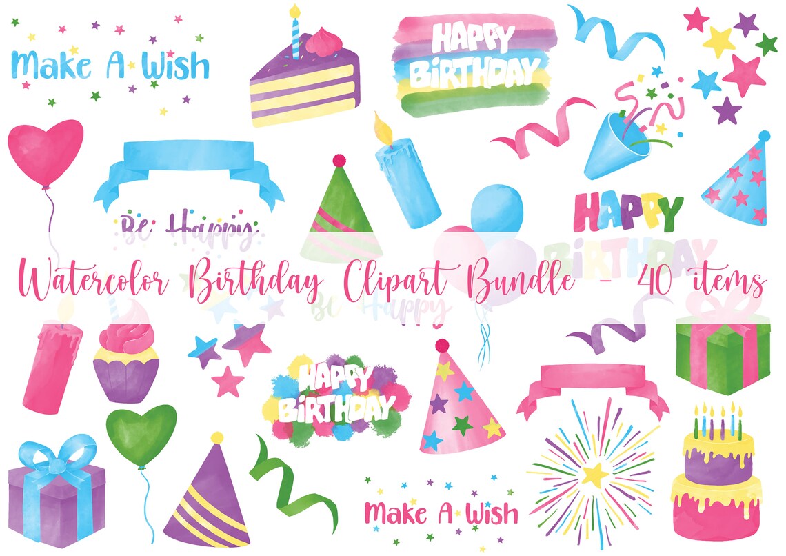 Watercolor Birthday Party Clip Art Set Instant Download PNG Cake ...