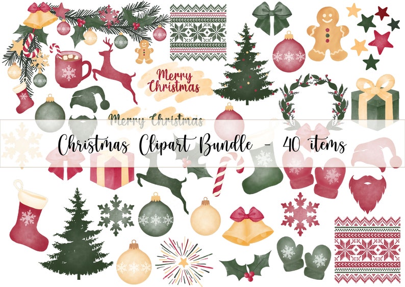 Watercolor Christmas Clip Art Set 40 Instant Download PNG Holiday ...