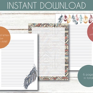 Printable Stationery 'Feather' Lined & Unlined | Etsy