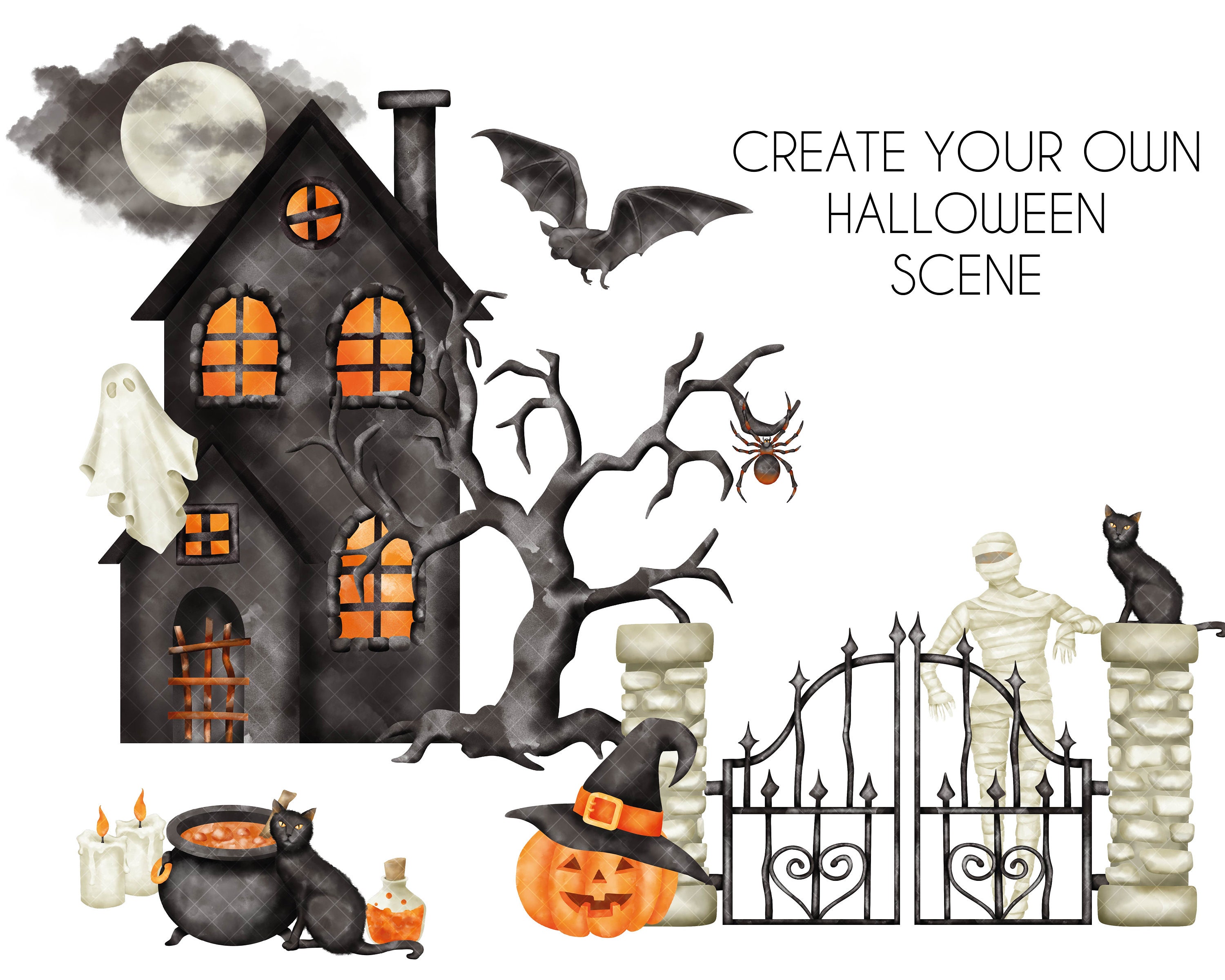 Watercolor Halloween Clipart Set | Instant Download PNG | Eerie Scary ...