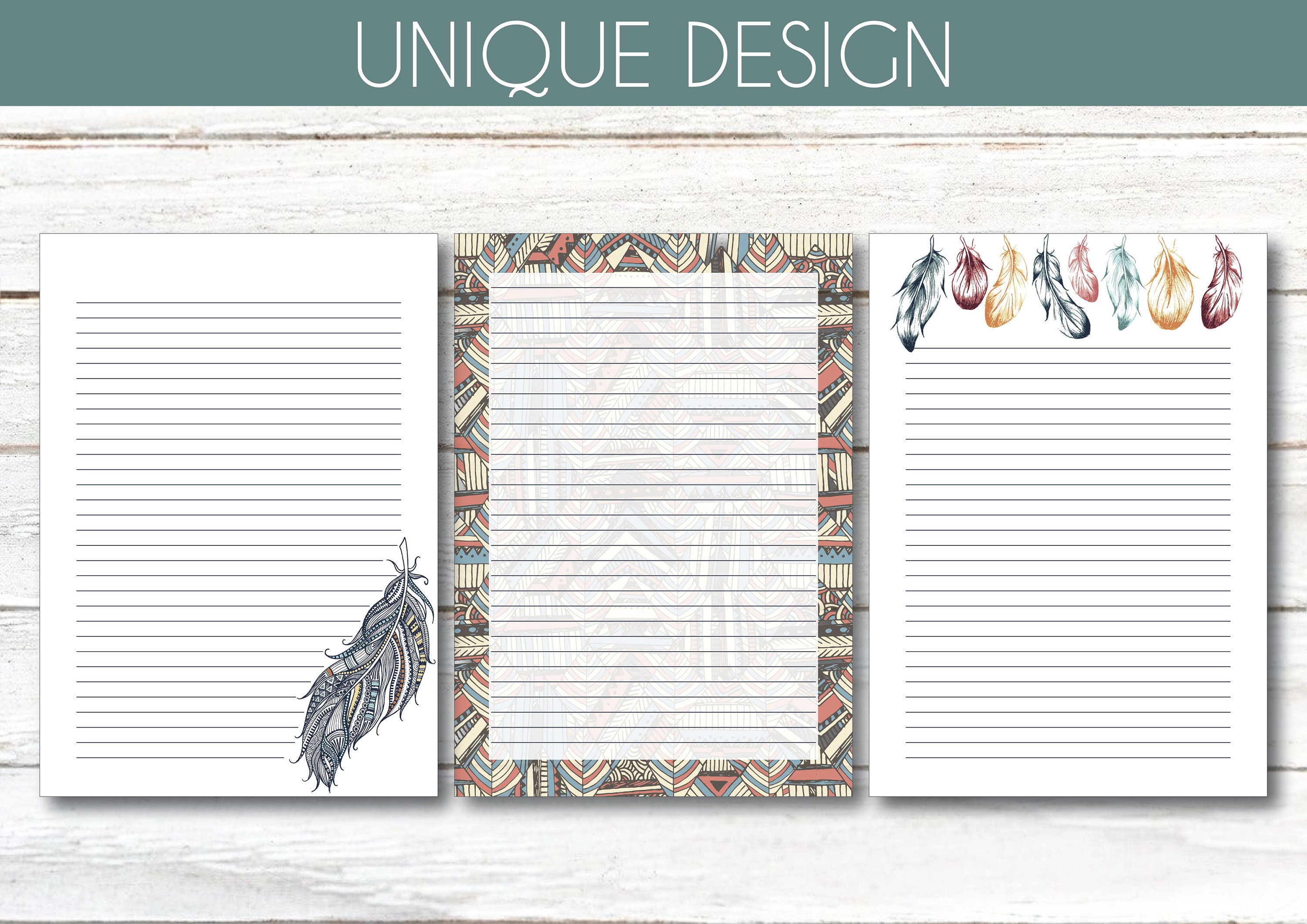 Printable Stationery 'Feather' Lined & Unlined | Etsy