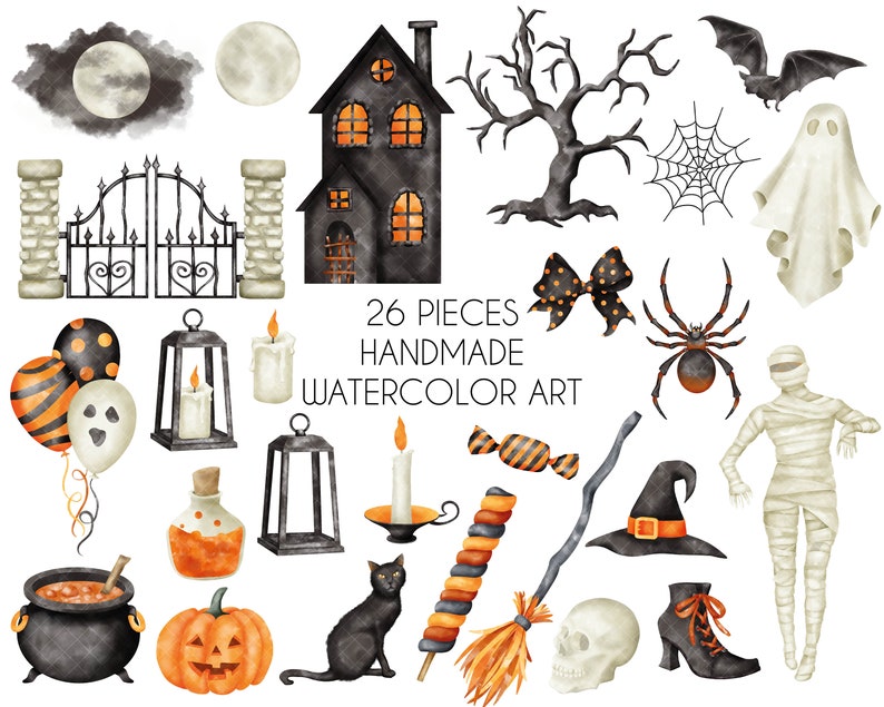 Watercolor Halloween Clipart Set Instant Download PNG - Etsy
