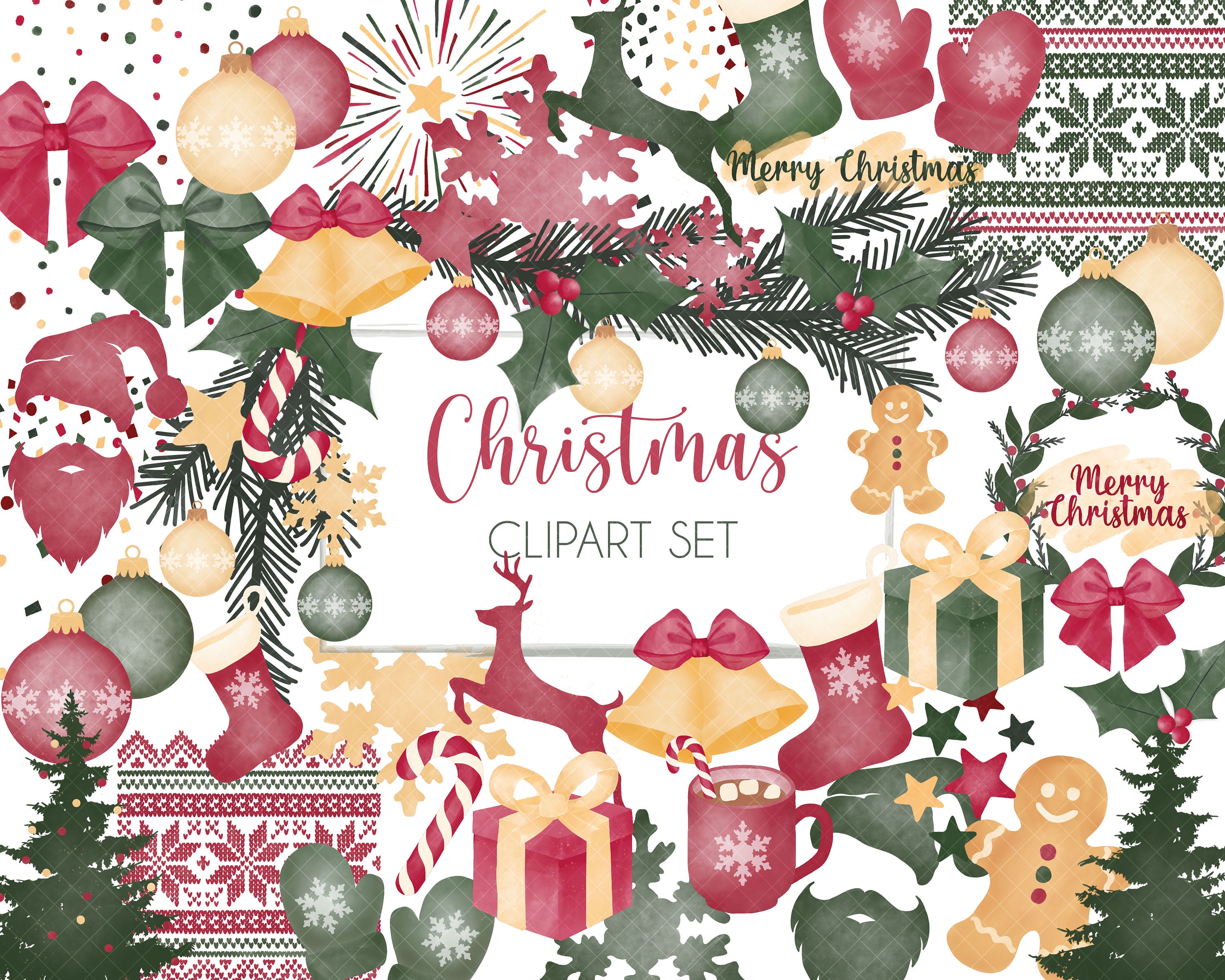 Watercolor Christmas Clip Art Set 40 Instant Download PNG Holiday ...