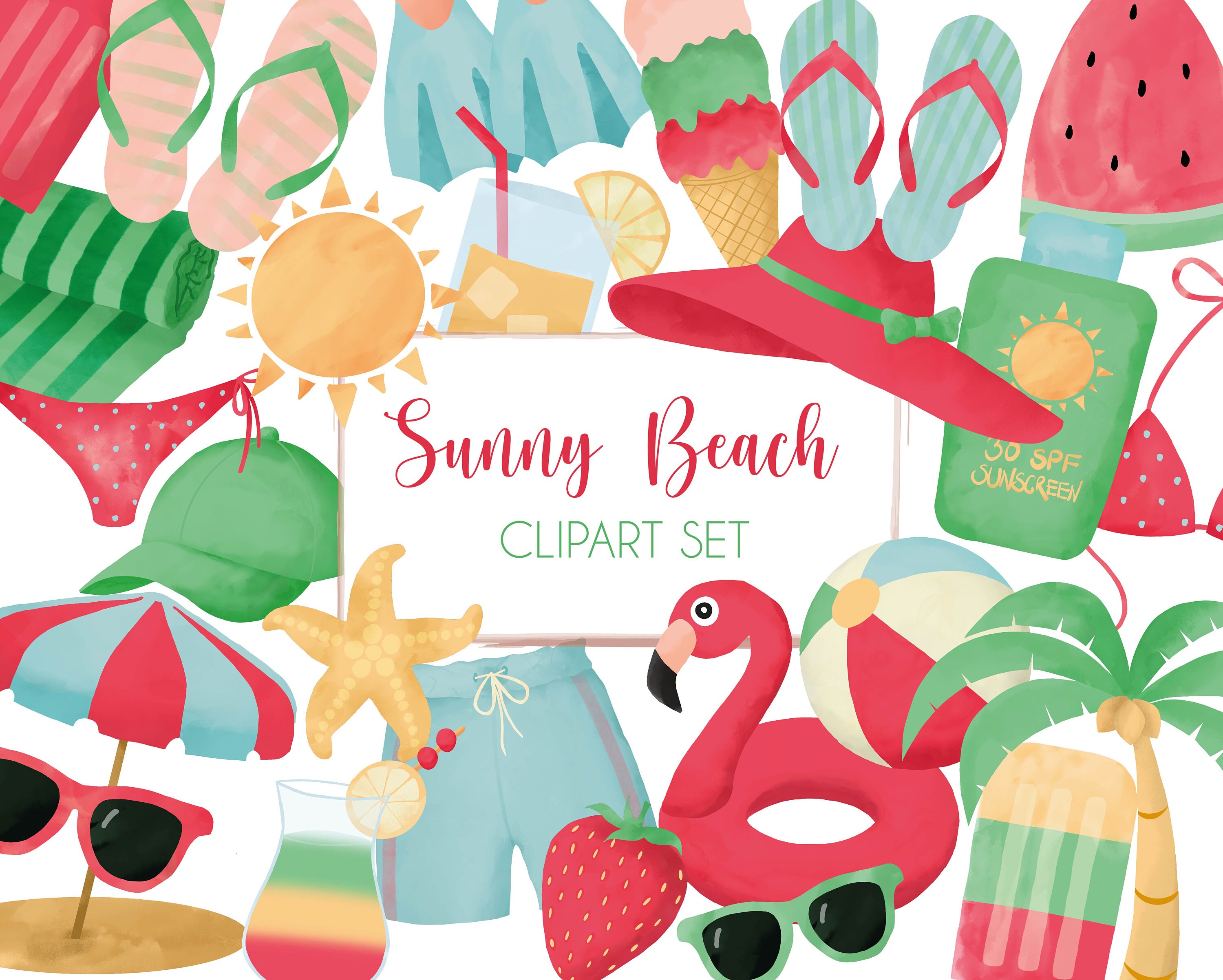 Watercolor Sunny Beach Clipart Set | Instant Download PNG | Sea Pool ...