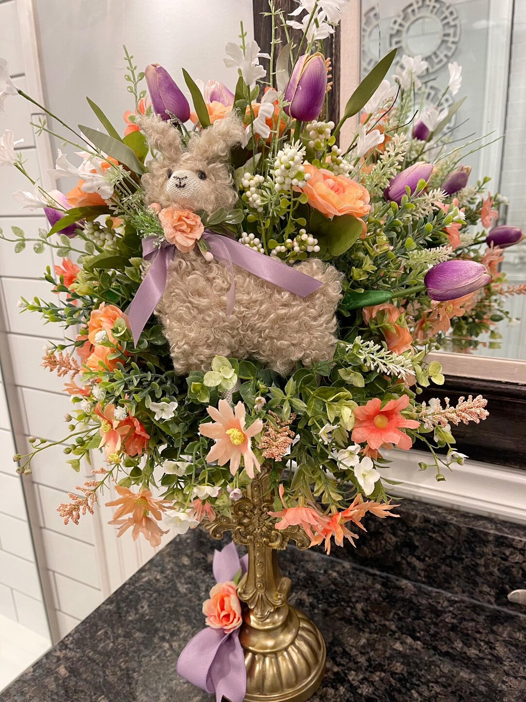 Easter Lamb Table Centerpiece, Easter Candlestick Arrangement, Purple ...